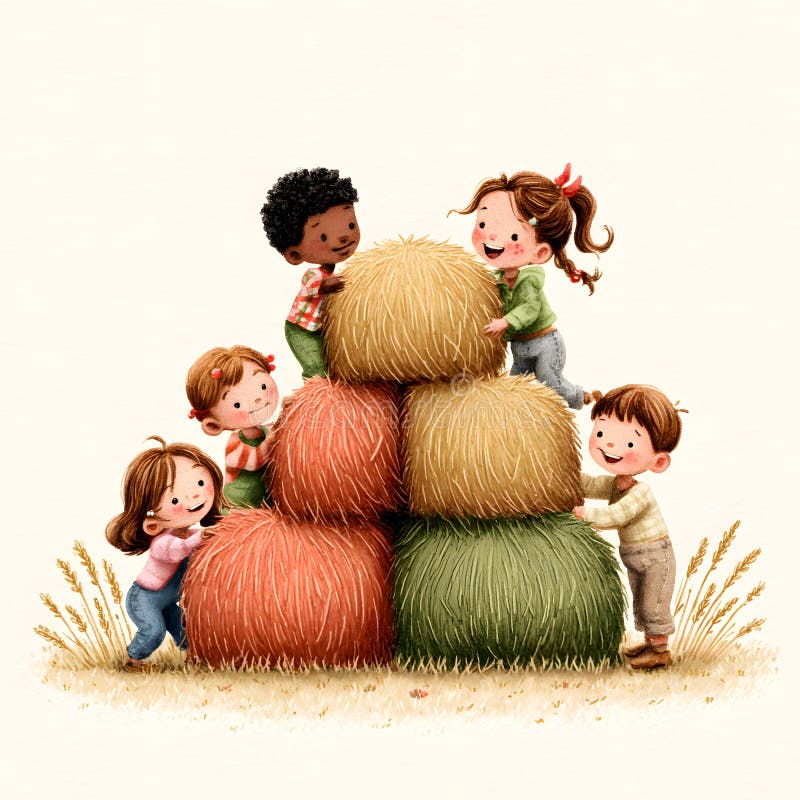 Children with Hay Bales Forming Stack, Black and Asian Children, Happy ...