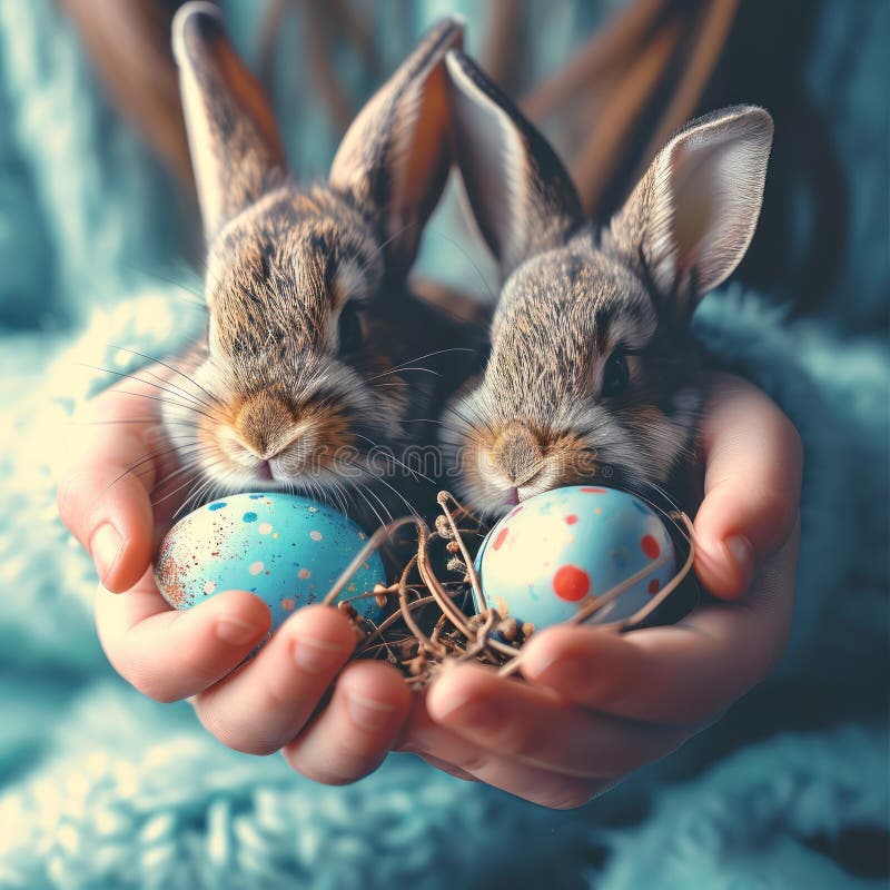 Children Hold Cute Rabbit and Easter Eggs Stock Illustration ...