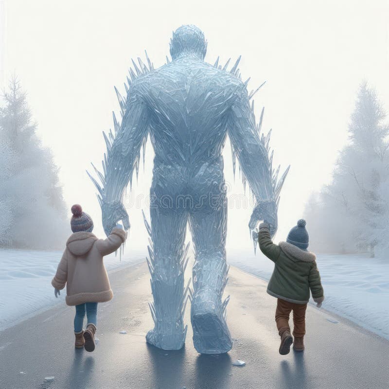 Children Holding the Hands of an Ice Giant on the Road. Stock Photo ...