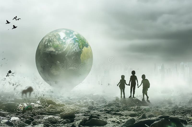 Children Holding Hands in Post-apocalyptic Landscape Stock Image ...