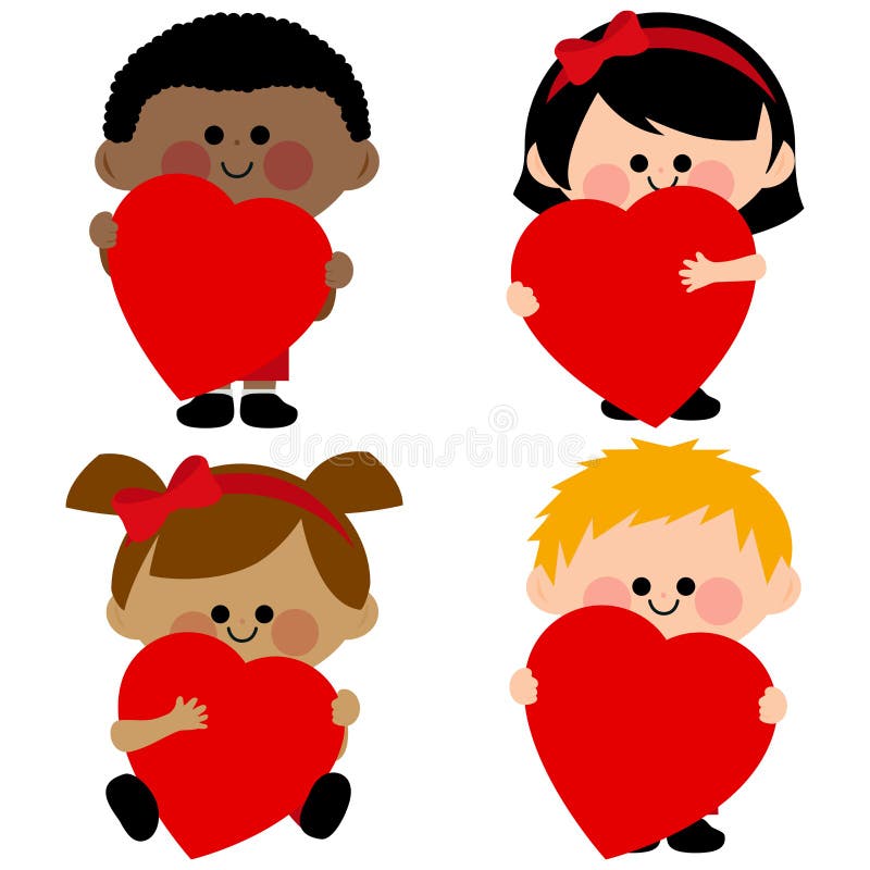 Children Holding Red Hearts. Cute Little Kids, Friendship, Care and ...