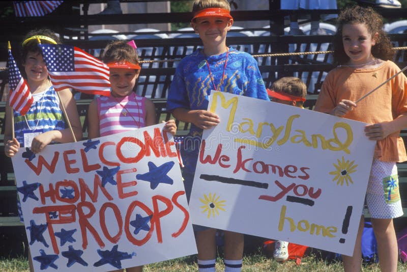 Children Holding Welcome Home Signs Editorial Image - Image of united ...
