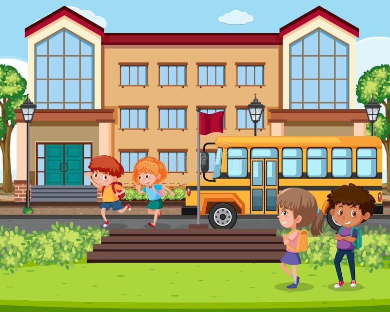 Children Infront of School Scene Stock Vector - Illustration of ...