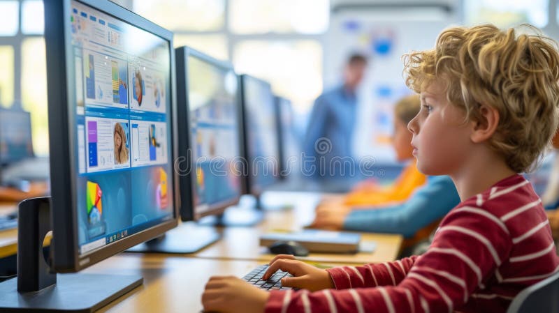 Children Intently Looking at Computer Screens. AI Generated Stock Photo ...
