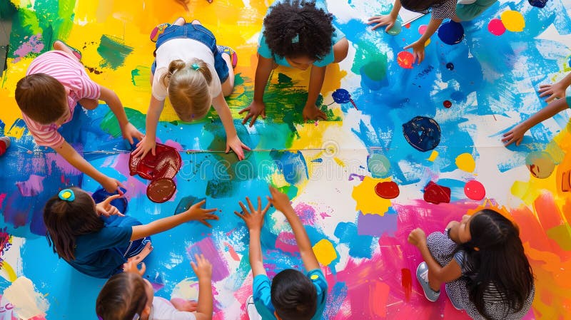 Children Joyfully Create Abstract Art on a Large Canvas, Expressing ...
