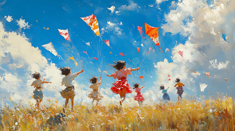 Children Joyfully Fly Kites in a Summer Field, Under a Vibrant Sky ...