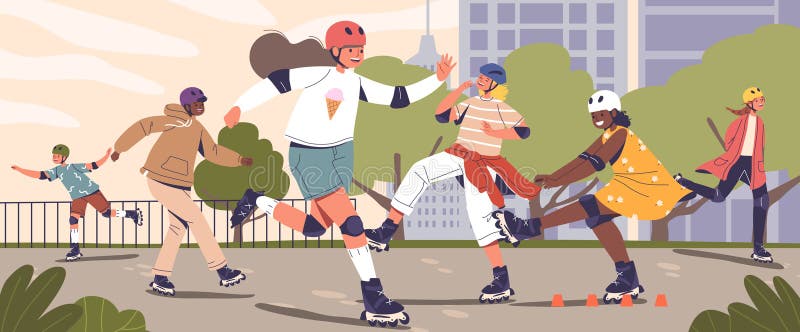 Children Joyfully Roll on Roller Blades in Park, Laugh and Navigate the ...