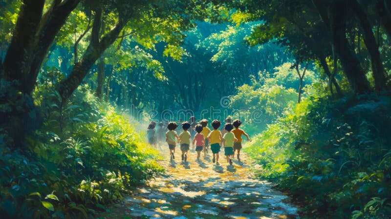 Children Joyfully Run through a Lush Green Forest Path Stock ...