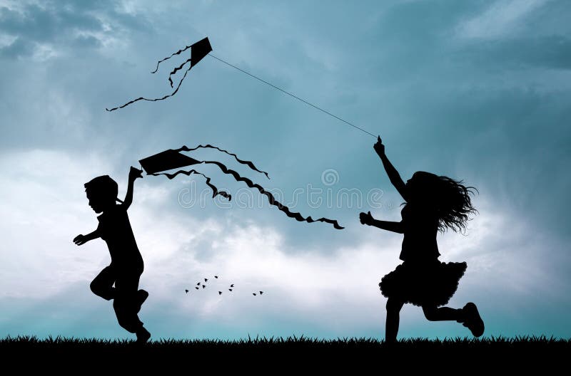Children with Kite at Sunset Stock Image - Image of people, wind: 67018303