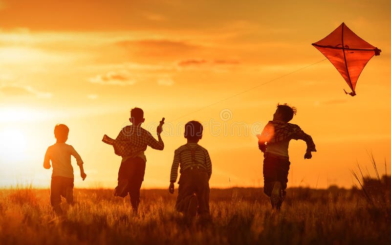 Children with a Kite at Sunset Stock Photo - Image of happy, imagine ...