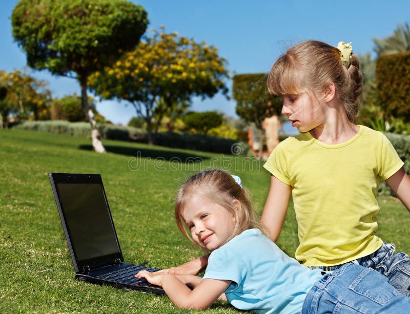 Children with Laptop on Green Grass. Stock Photo - Image of notebook ...