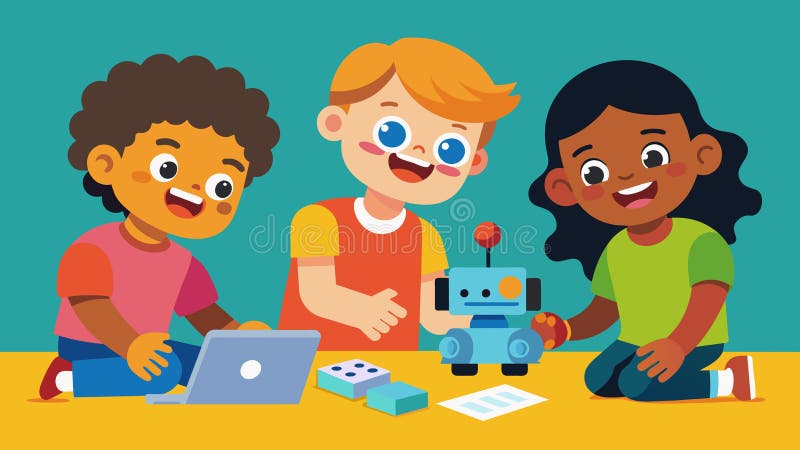 Children Laughing and Having Fun As they Work Together To Build and Program a Small Robot during ...