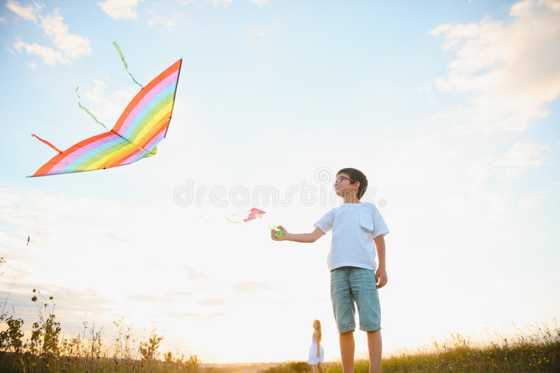 Children Launch a Kite in the Field at Sunset. Stock Photo - Image of ...