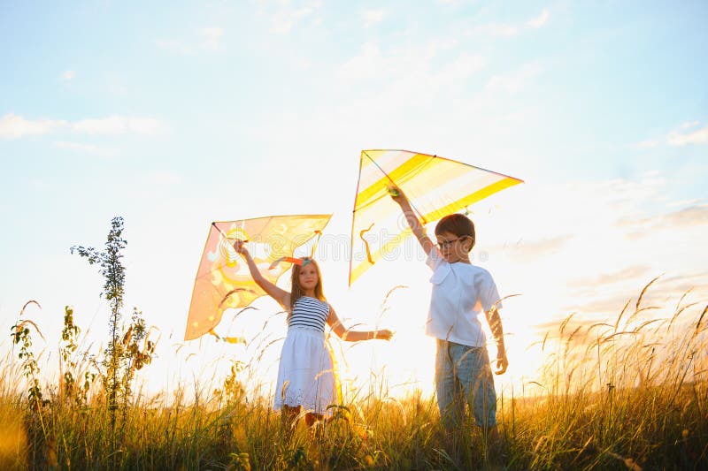 Children Launch a Kite in the Field at Sunset Stock Image - Image of ...