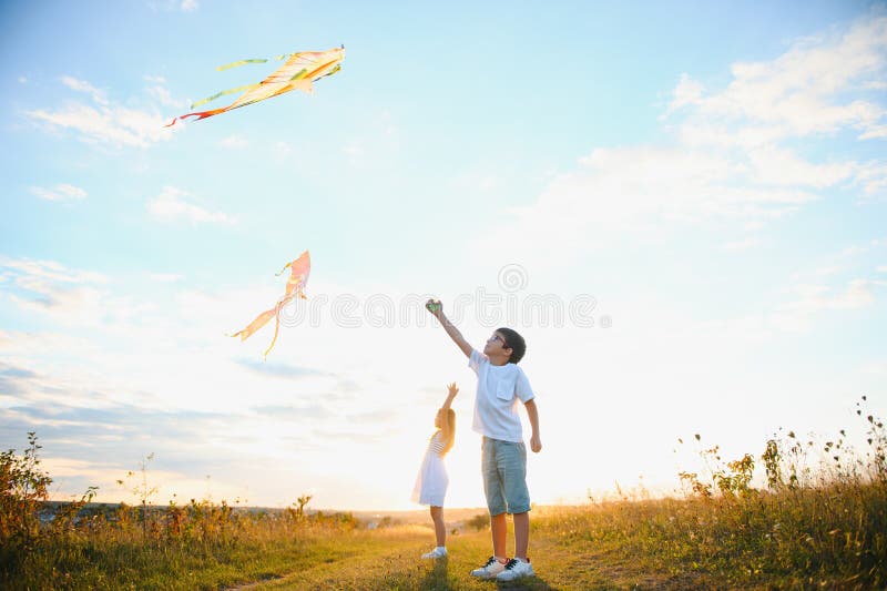Children Launch a Kite in the Field at Sunset Stock Image - Image of ...