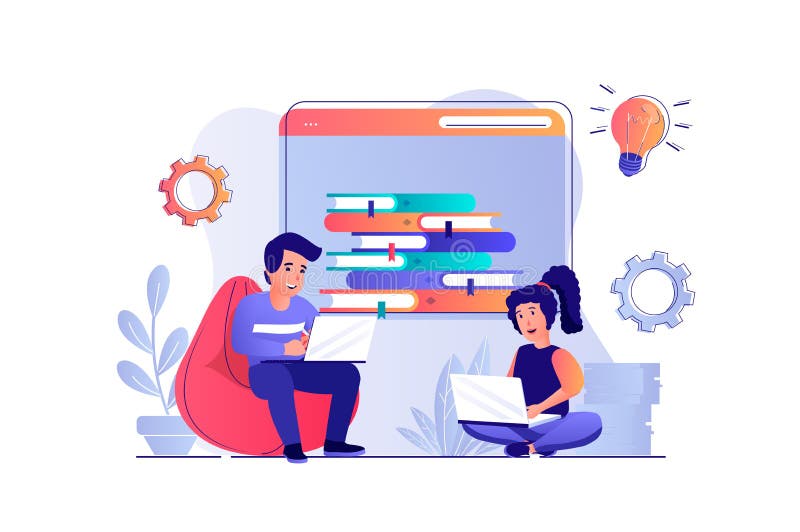 Children Learn on Computers Concept with People Scene. Vector ...