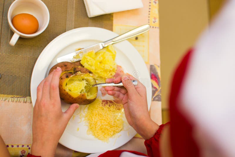 Children Learn How To Cook Stuffed Potatoes in Class Stock Image ...