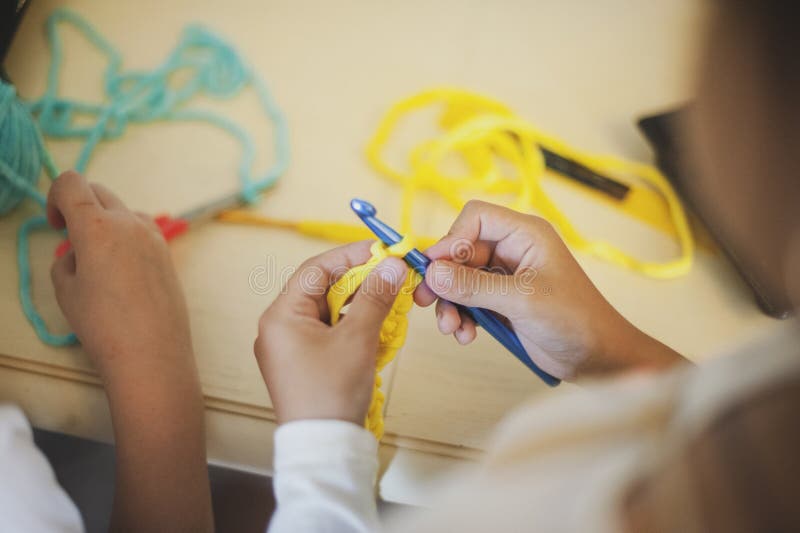 Children Learn To Knit from Colored Threads Stock Photo - Image of ...