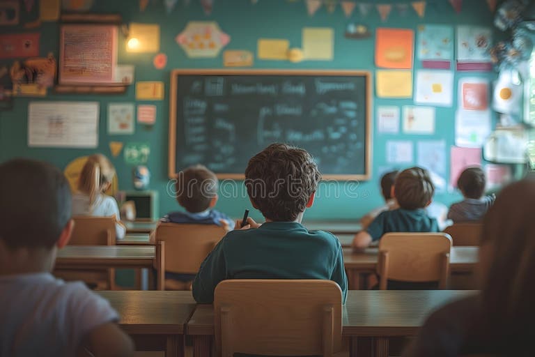 Children Learning in Classroom with Colorful Decorations and Chalkboard ...