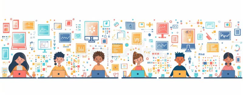 Children Learning Computer Skills in a Classroom with Digital Icons in ...