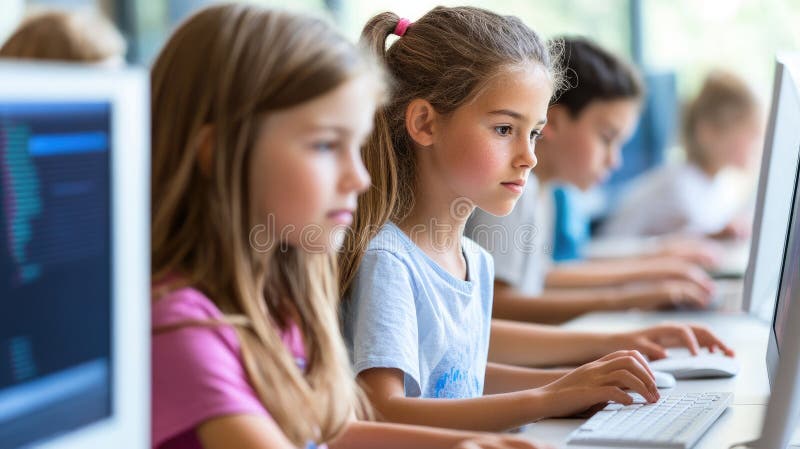 Children Learning Computer Skills in Classroom Stock Illustration ...
