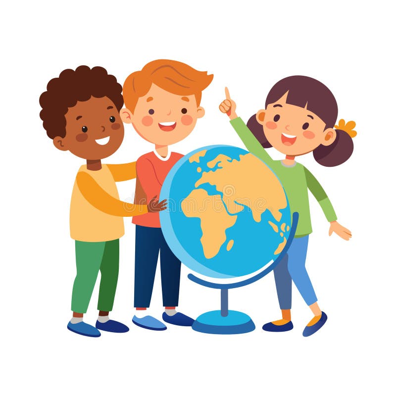 Children Learning Geography with World Globe, Diverse Students Studying ...