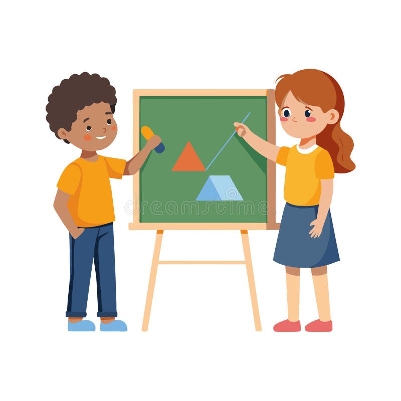 Children Learning Geometry with Triangle Shapes on a Blackboard in ...