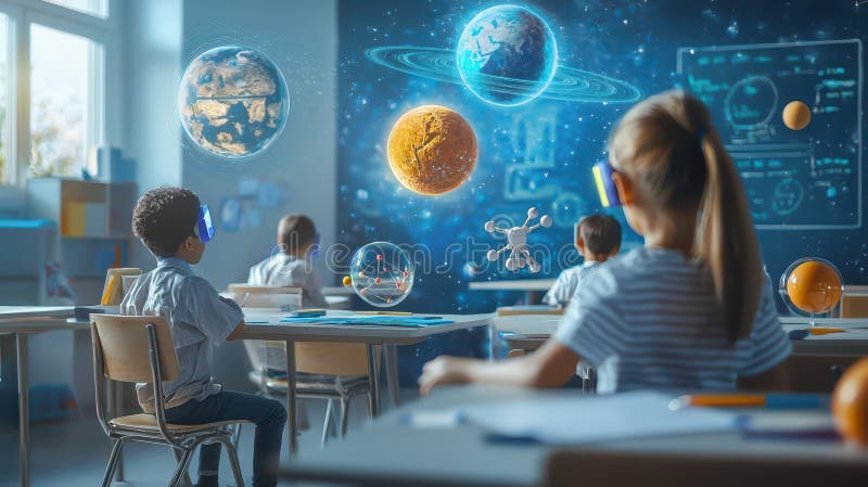 Children Learning with Interactive Holograms in Classroom Stock Image ...