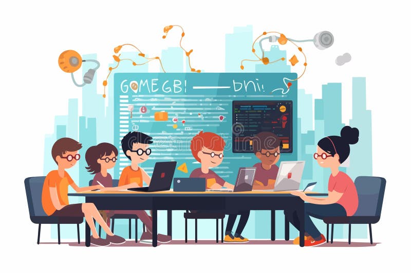 Children Learning To Code in a Tech Camp Isolated Vector Style ...