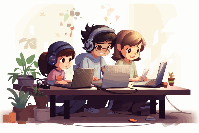 Children Learning To Code in a Tech Camp Isolated Vector Style ...