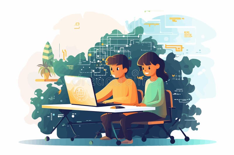 Children Learning To Code in a Tech Camp Isolated Vector Style ...