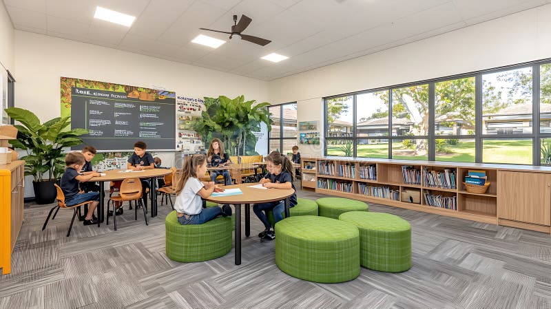 Children Learning and Writing at Desks in a Classroom Setting Stock ...