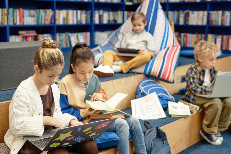 Children in Library Girls Using Computer Stock Photo - Image of library ...