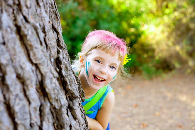 Children Little Girl Happy Playing in Forest Tree Stock Photo - Image ...