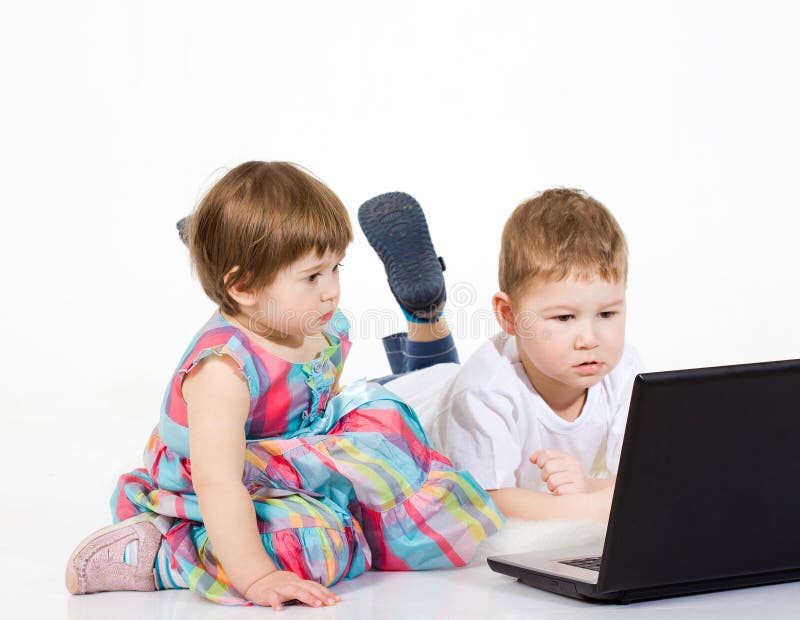 Children Look Cartoon Films on the Laptop Stock Image - Image of girls ...