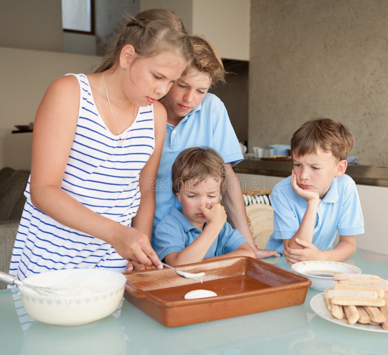 Children Make Cake in Kitchen Stock Photo - Image of cute, look: 37631914