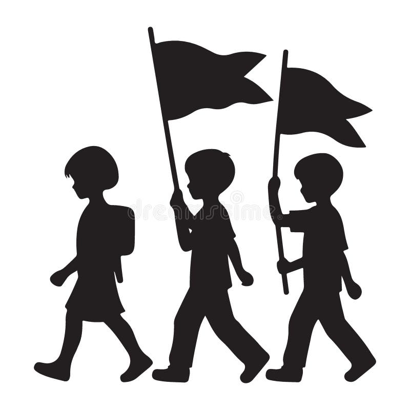 Children Marching with Flags Silhouette Vector Illustration Stock ...
