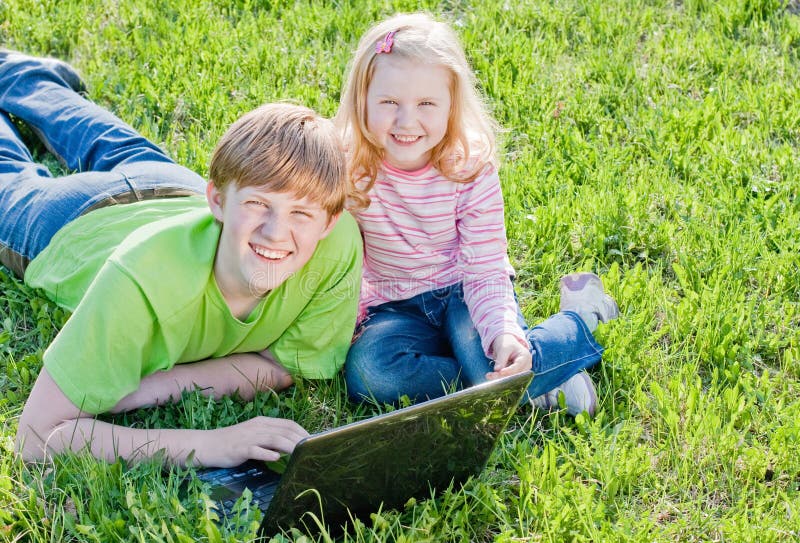 Children with Notebook Outdoor Stock Image - Image of girl, network ...
