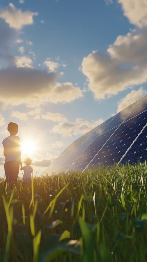 Children Observing Solar Panel Array Under Bright Blue Sky, Enjoying ...