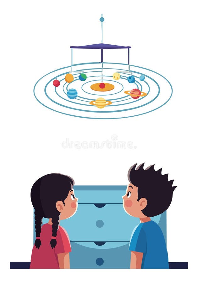 Children Observing Solar System Model with Planets and Orbit Rings ...