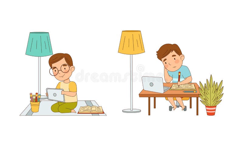 Children Online Education and E-learning Concept. Boys Using Tablet and ...