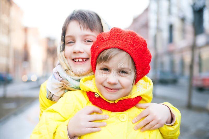 Two Children on Street in Early Spring. Stock Photo - Image of little ...