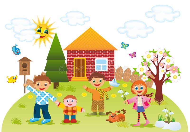 Children Outdoors in Spring Stock Illustration - Illustration of happy ...
