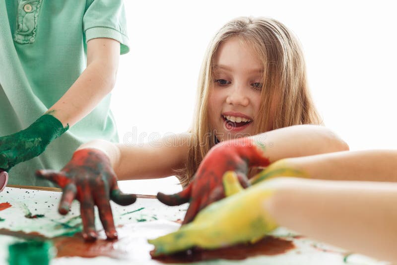 Children Paint with Hands on the Table Stock Photo - Image of festival ...