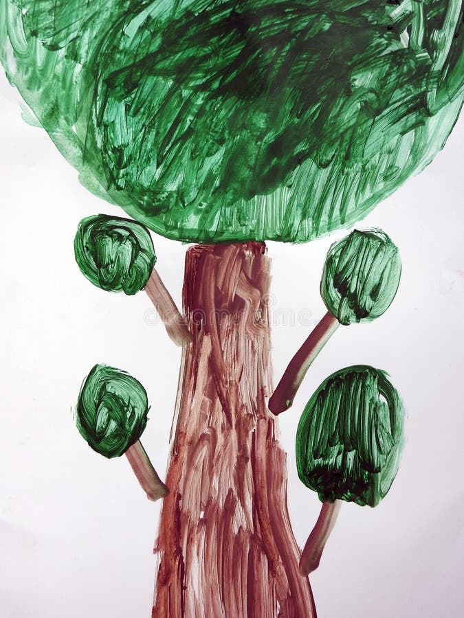 Children Painted Tree on White Paper Stock Image - Image of children ...