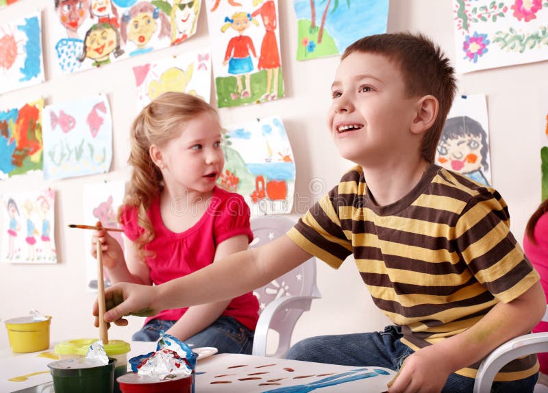 Children Painting in Art Class. Stock Image - Image of painting ...