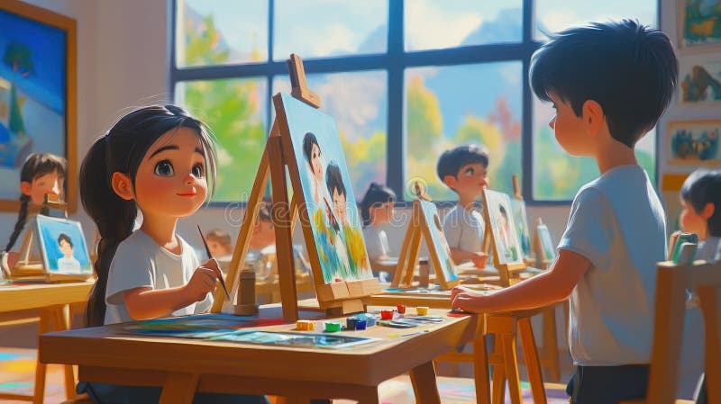 Children Painting in a Bright Art Class Stock Illustration ...