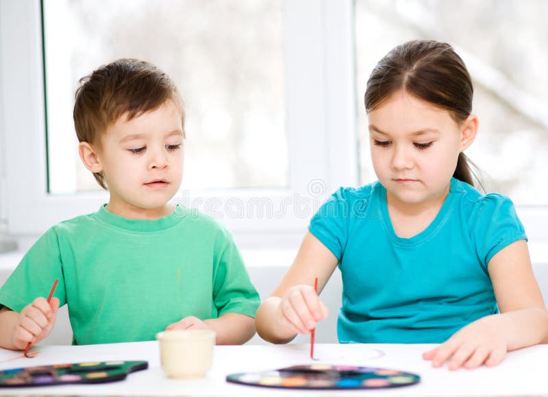 Children are Painting with Paint Stock Photo - Image of brunette ...