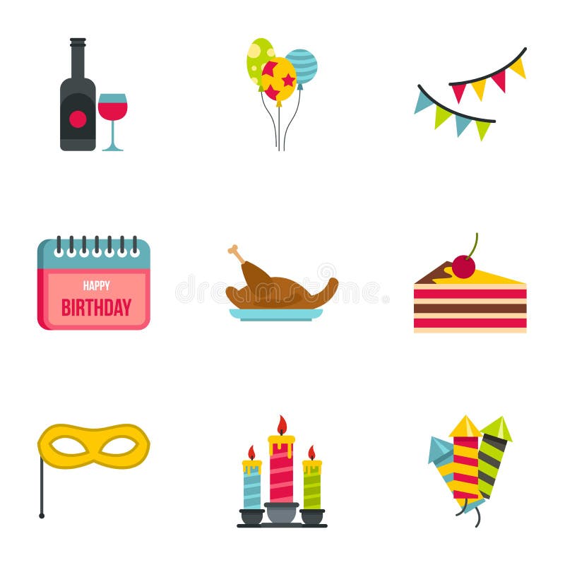Children Party Icons Set, Flat Style Stock Vector - Illustration of ...