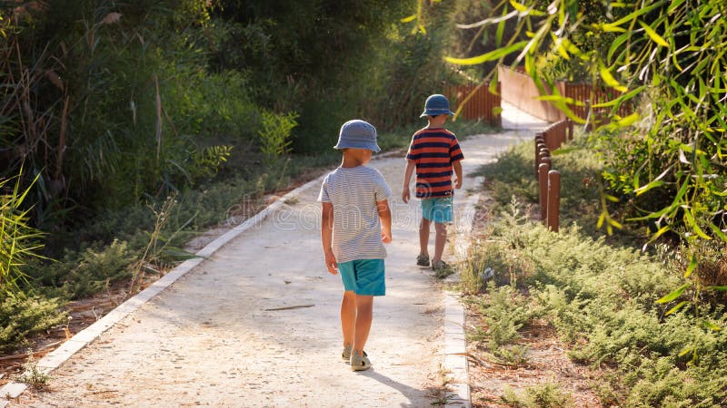 Children on the Path of the Green Nature Park Stock Image - Image of ...